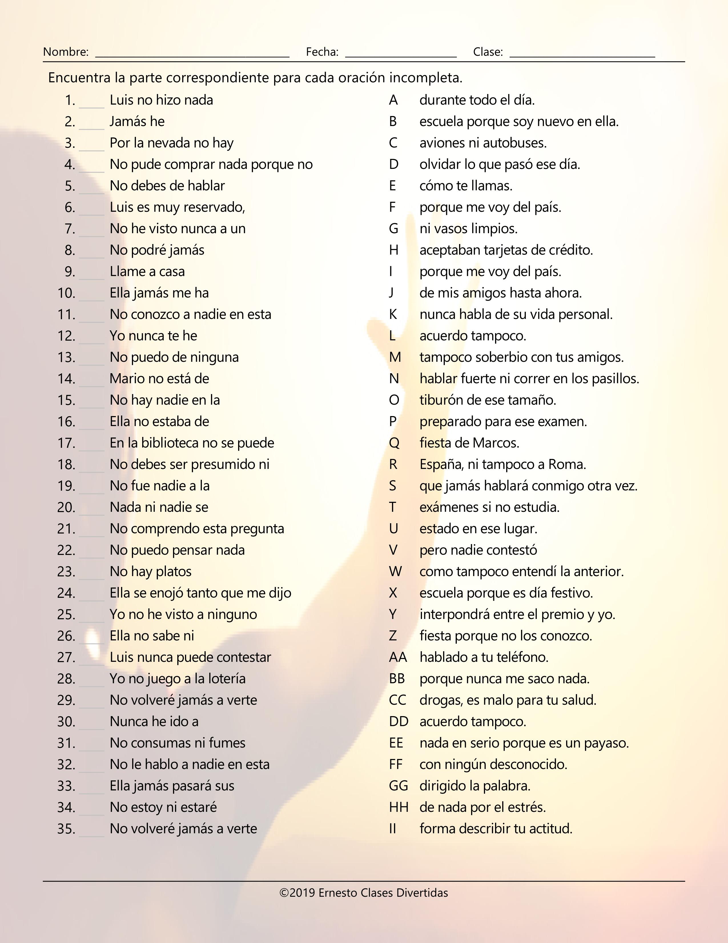 Negation Sentence Match Spanish Worksheet Teaching Resources