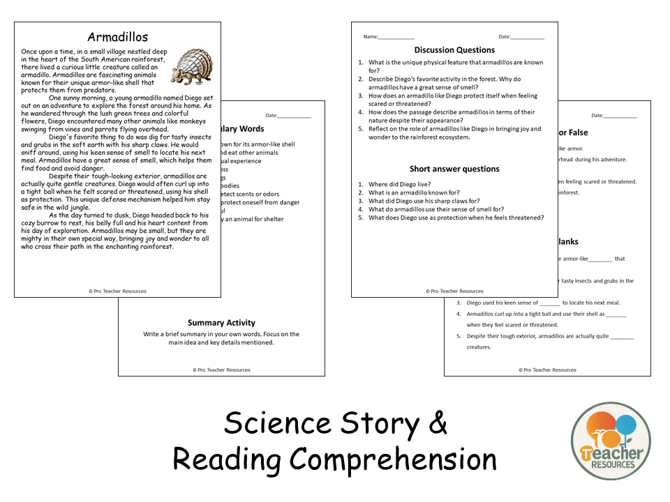 Armadillos Reading Science Story Comprehension Questions Worksheet | Teaching Resources