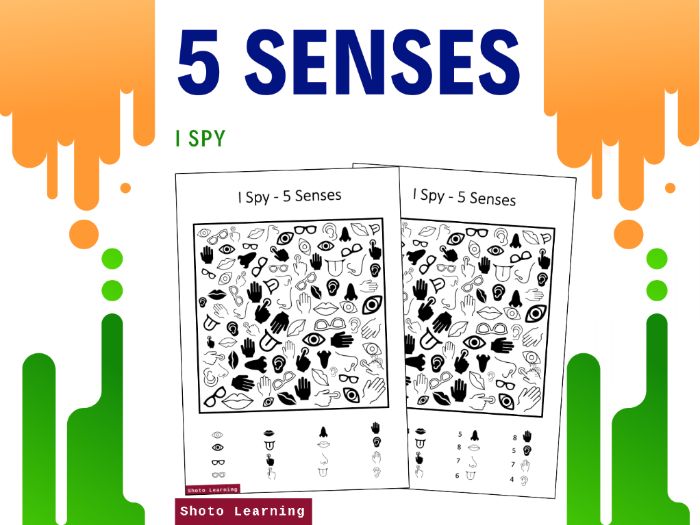 FIVE 5 SENSES RECOGNITION SHEETS - I SPY SCIENCE PUZZLE GAME SYMBOL ...