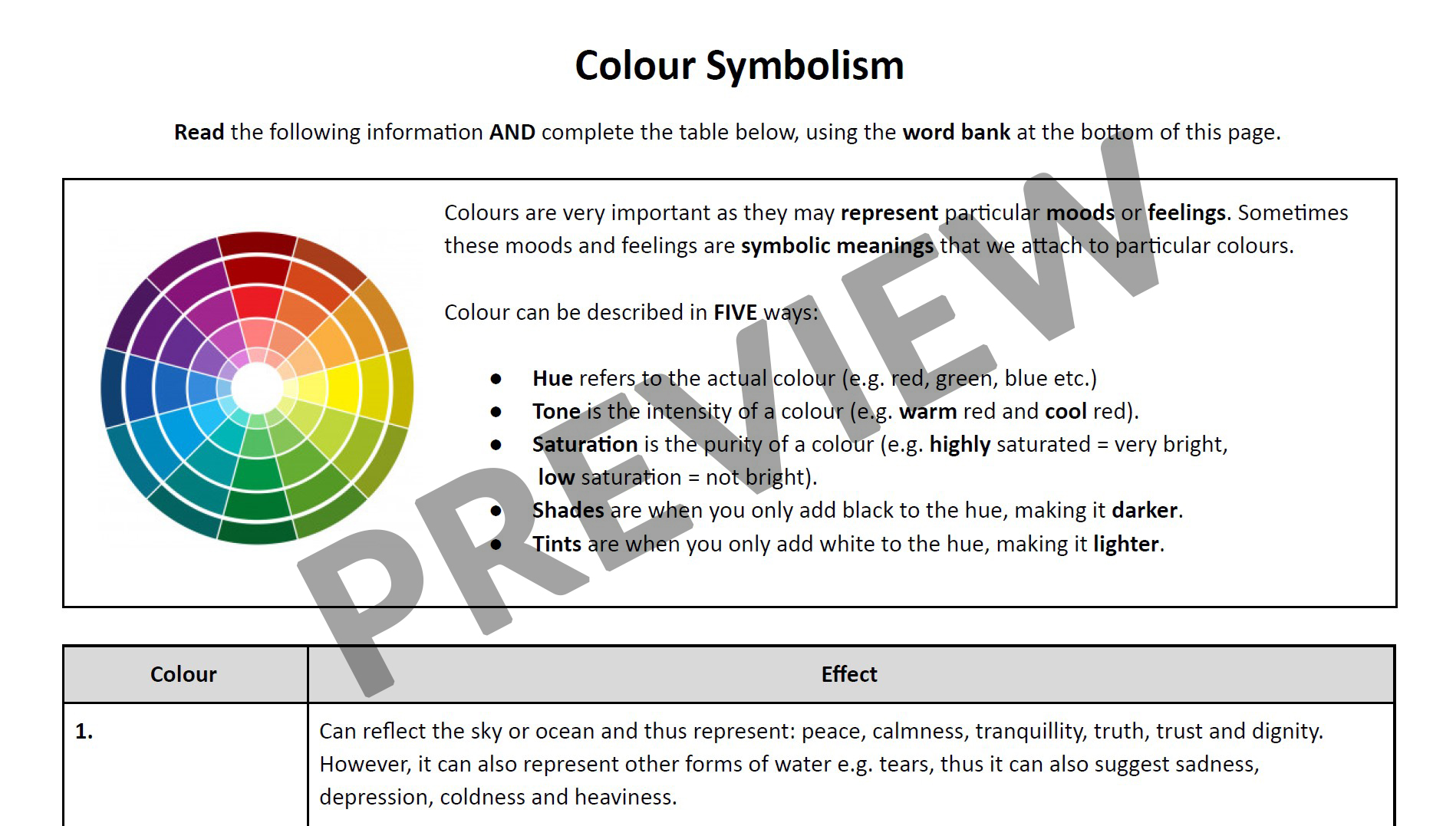 Visual Techniques and Colour Symbolism Worksheets | Teaching Resources