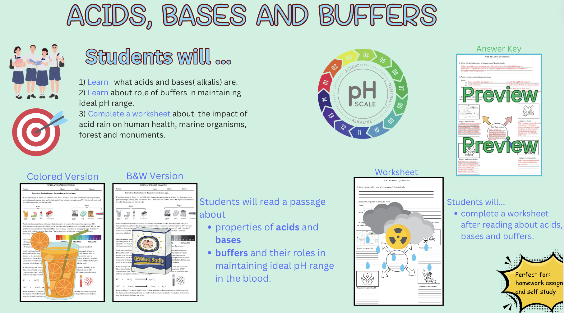 Acids, Bases and Buffers (pH) Reading and Worksheet Activity | Teaching ...