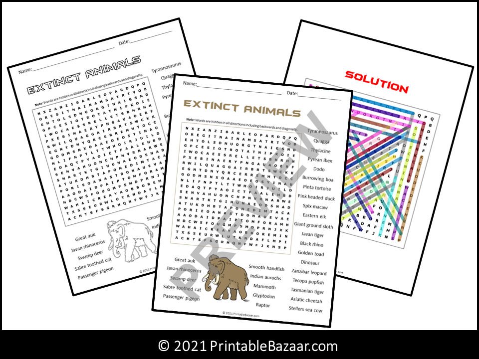 Extinct Animals Word Search Puzzle Teaching Resources