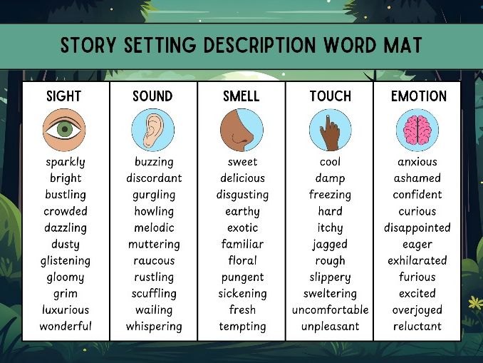Settings Word Mat | 5 Senses & Descriptive Vocabulary Support for Story ...