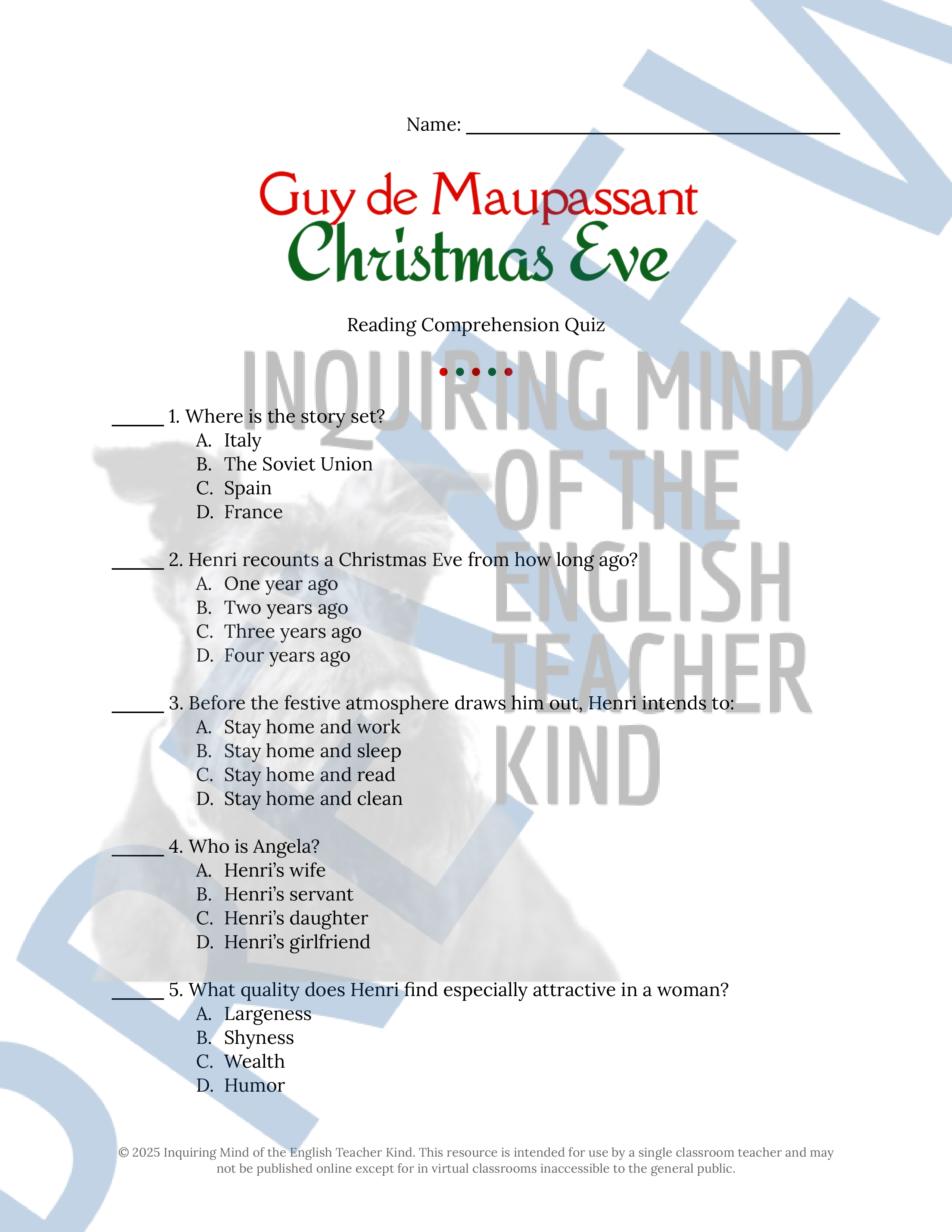 "Christmas Eve" by Guy de Maupassant Quiz and Answer Key | Holiday ...