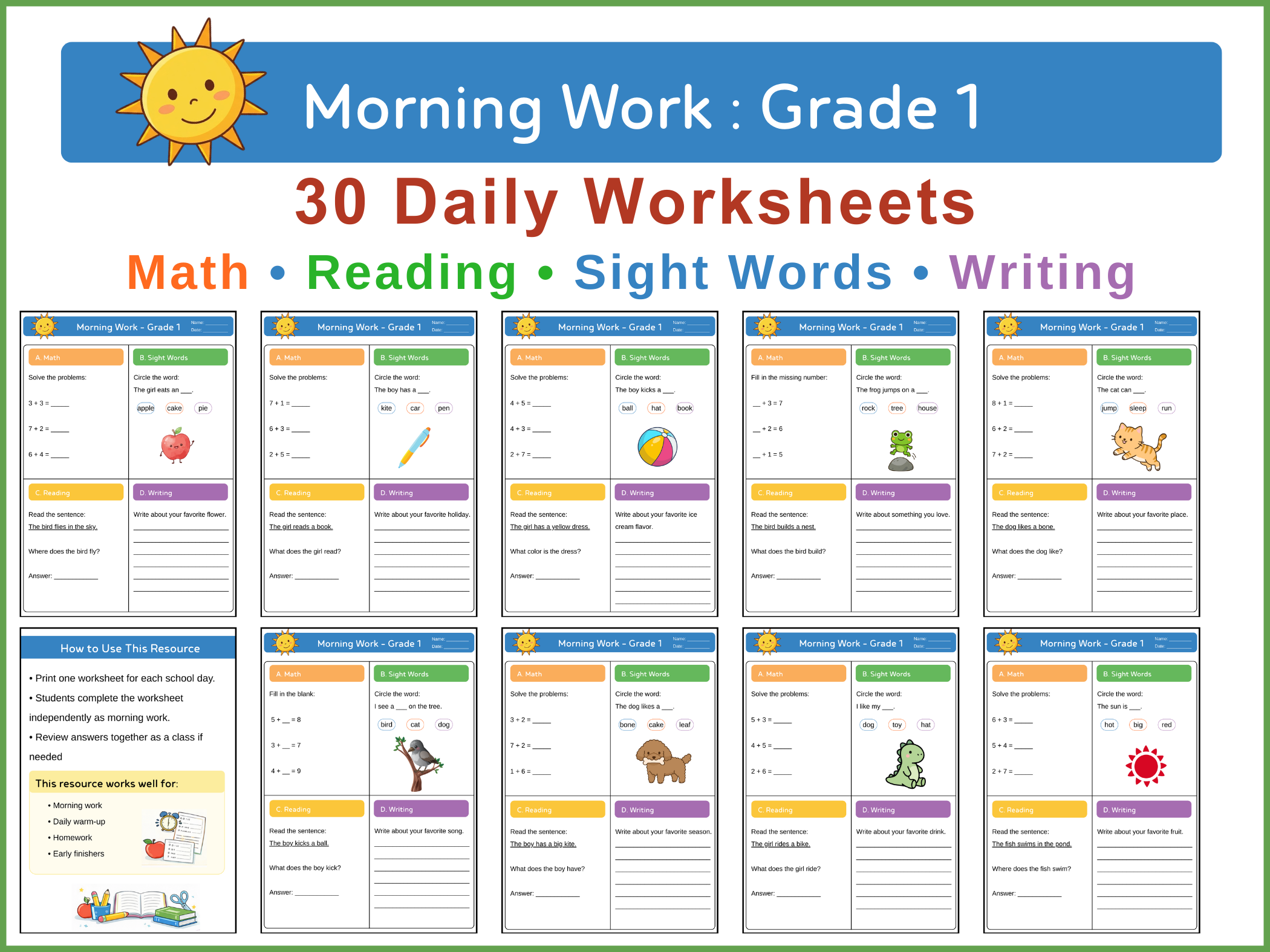 Grade 1 Morning Work – 30 Daily Worksheets (Math, Reading, Sight Words ...
