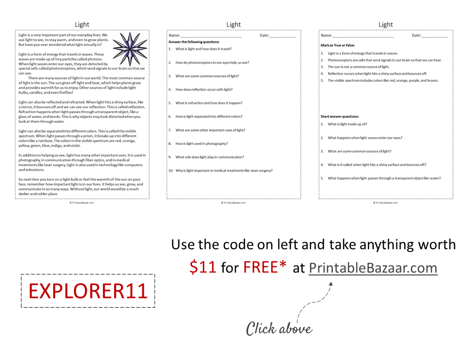 Light Reading Comprehension Passage Printable Worksheet | Teaching ...