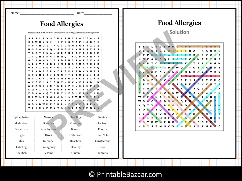 Food Allergies Word Search Puzzle Worksheet Activity | Teaching Resources