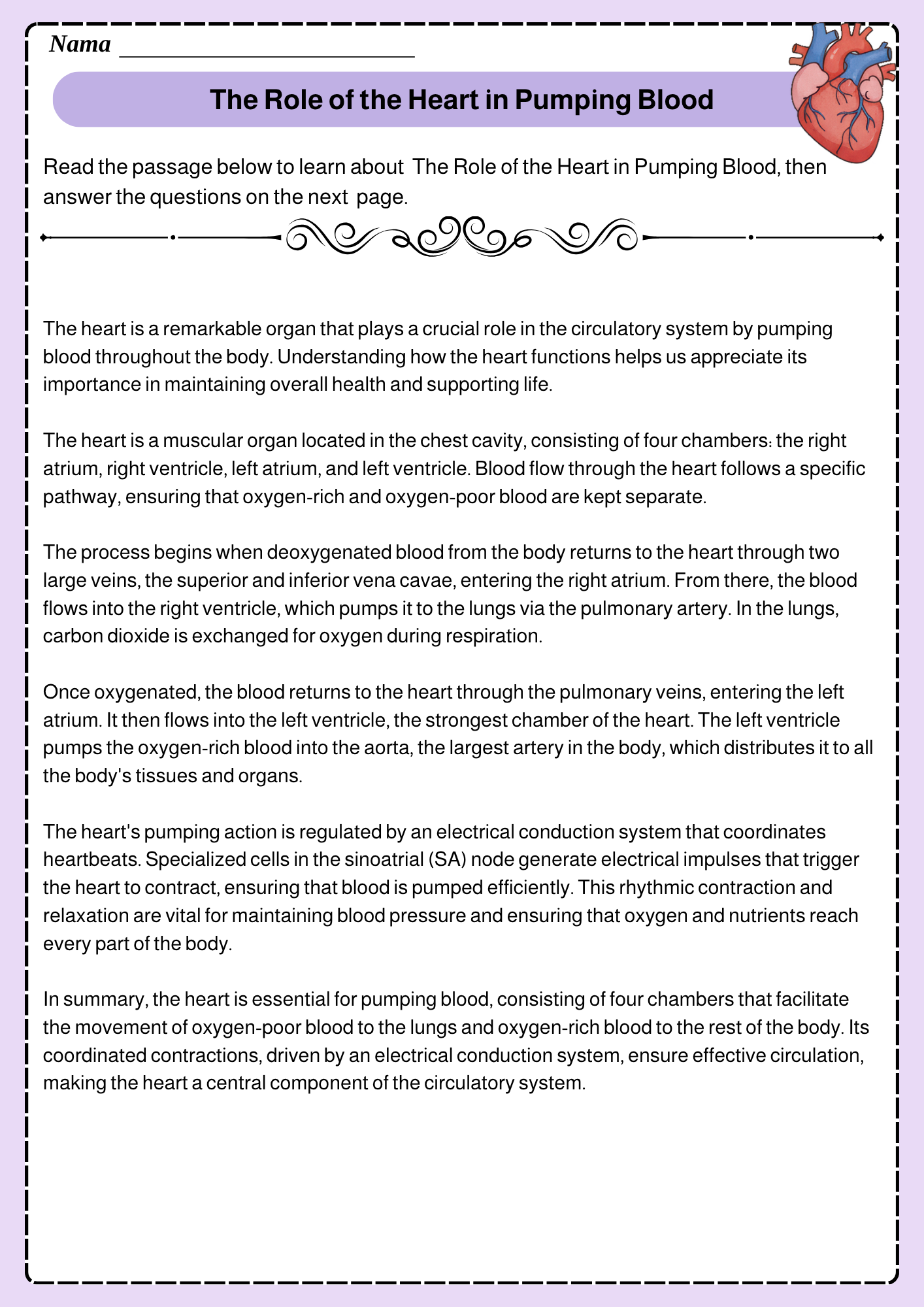 The Role of the Heart in Pumping Blood Reading Comprehension Passages ...