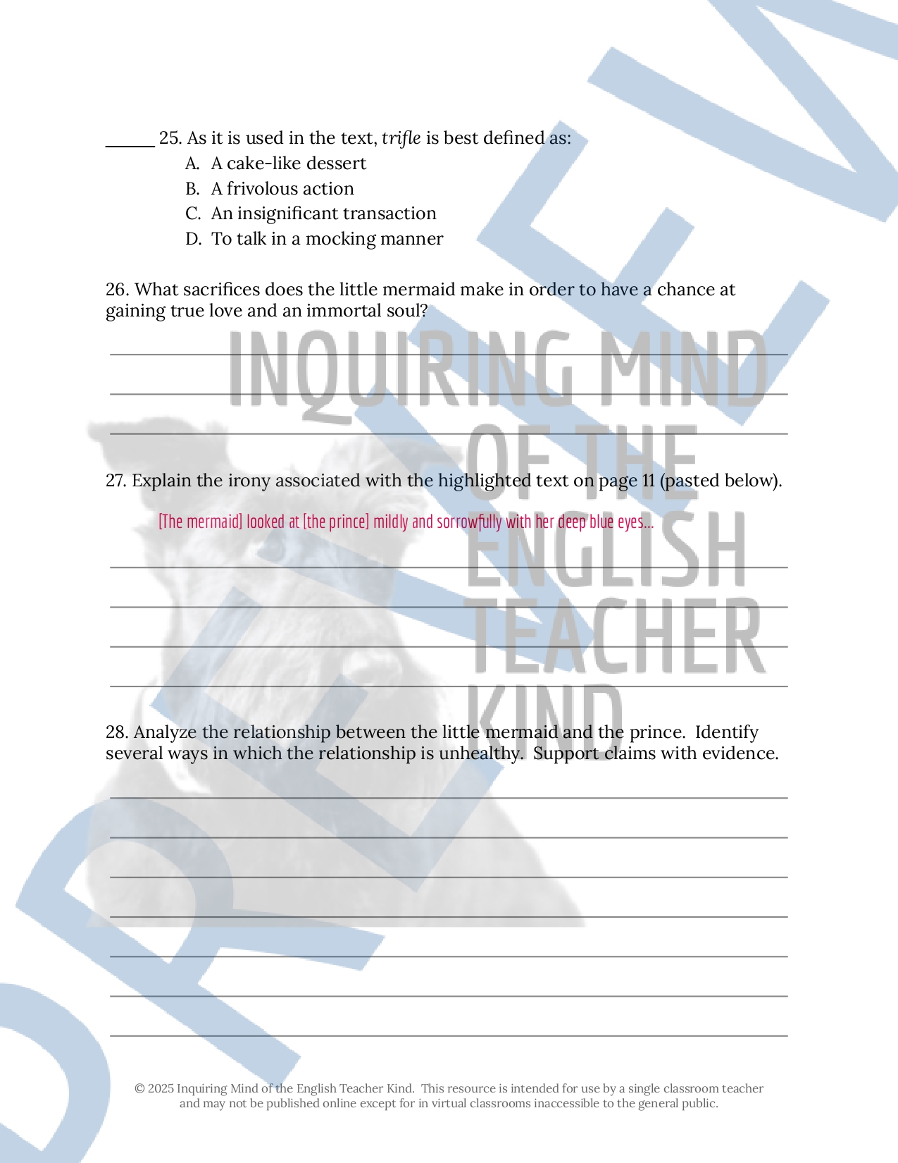 "The Little Mermaid" by Hans Christian Andersen Close Reading Worksheet ...