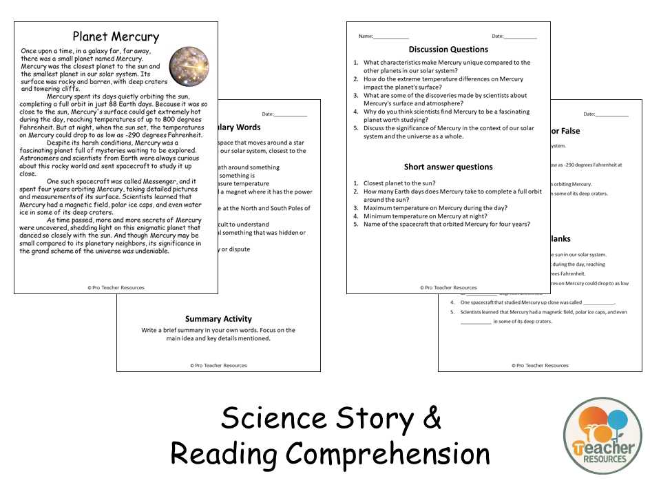 Planet Mercury Reading Science Story Comprehension Questions Worksheet | Teaching Resources