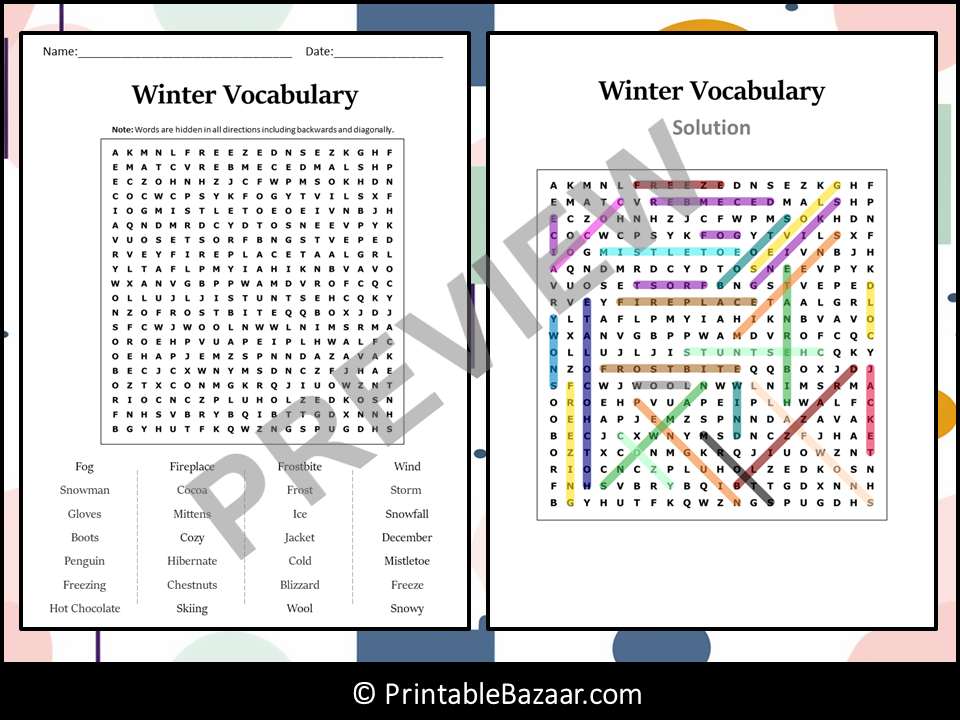 Winter Vocabulary Word Search Puzzle Worksheet Activity | Teaching ...