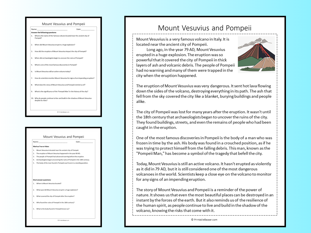 Mount Vesuvius and Pompeii Reading Comprehension Passage Printable ...