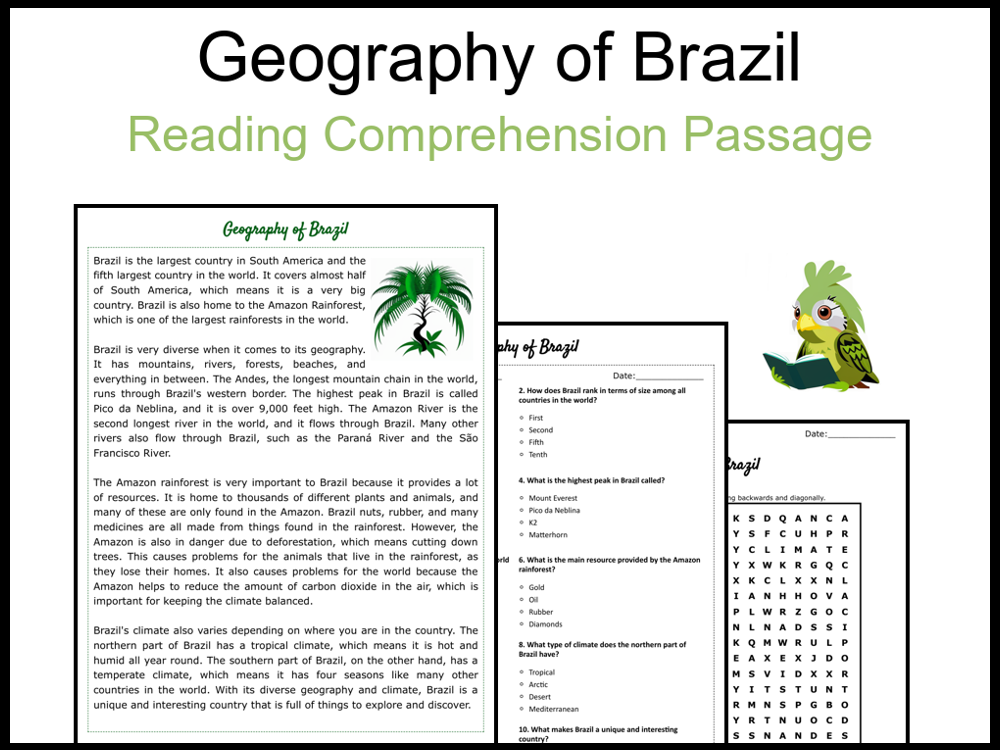Geography of Brazil Reading Comprehension and Word Search | Teaching ...