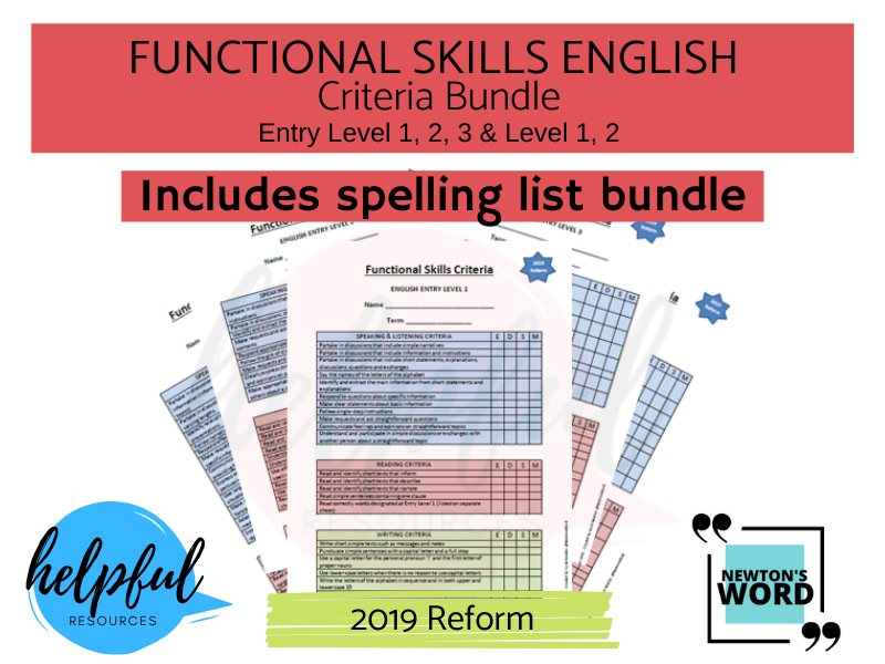Functional Skills English Criteria Bundle E1, E2, E3, L1, L2 - Includes ...