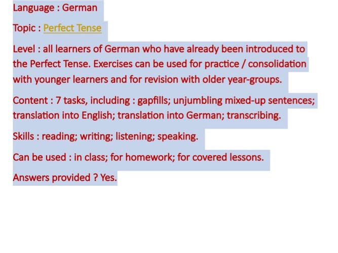 German Perfect Tense, practice/consolidation/revision. | Teaching Resources