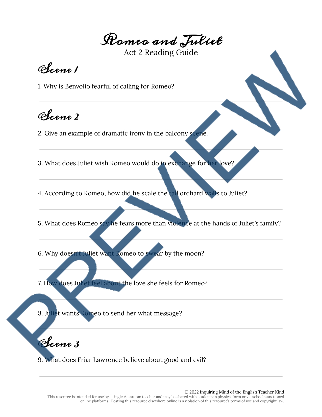 Romeo and Juliet Act 2 Reading Guide and Answer Key | Teaching Resources