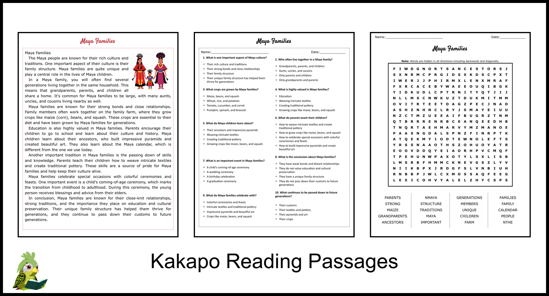 Maya Families Reading Comprehension and Word Search | Teaching Resources