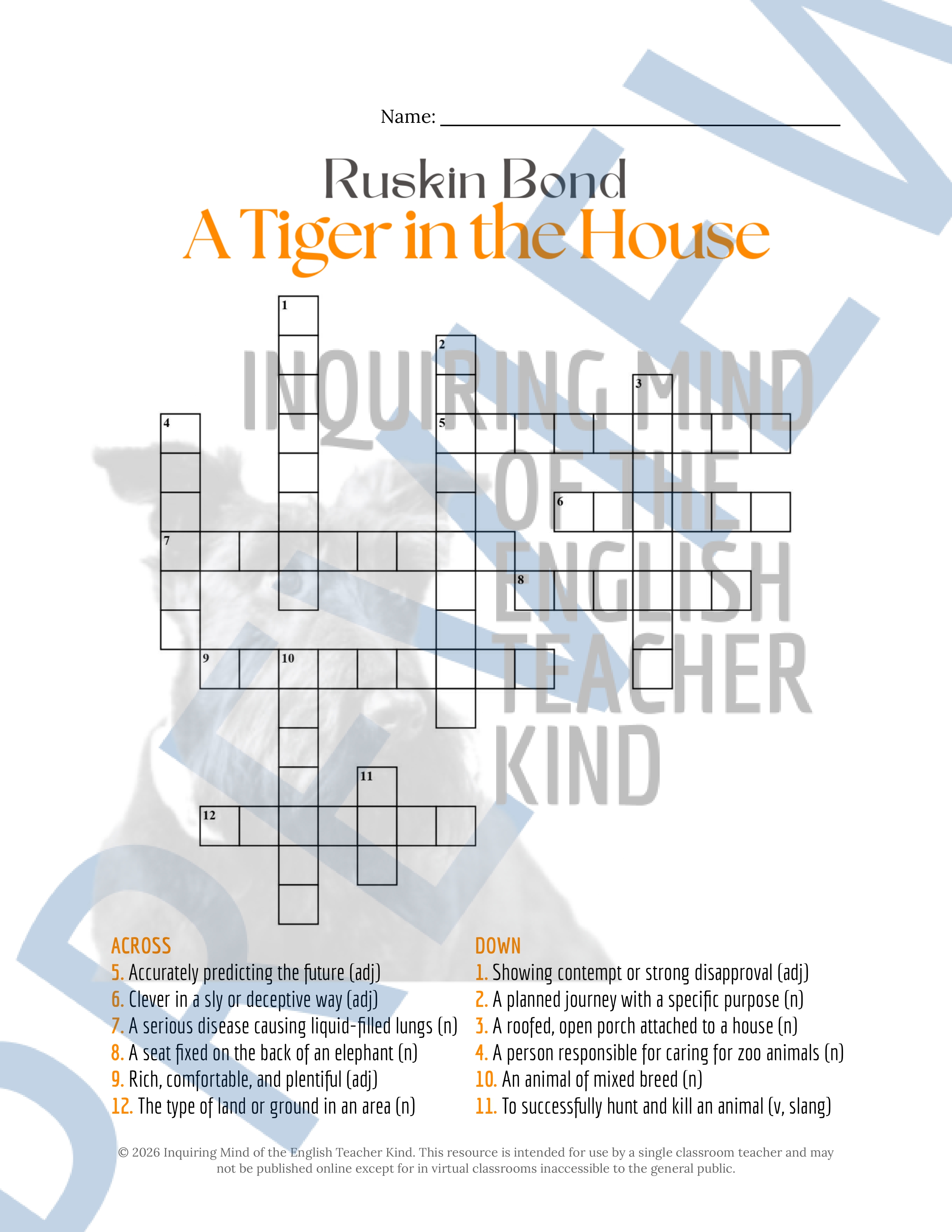 "A Tiger in the House" by Ruskin Bond Vocabulary Games | Crossword ...