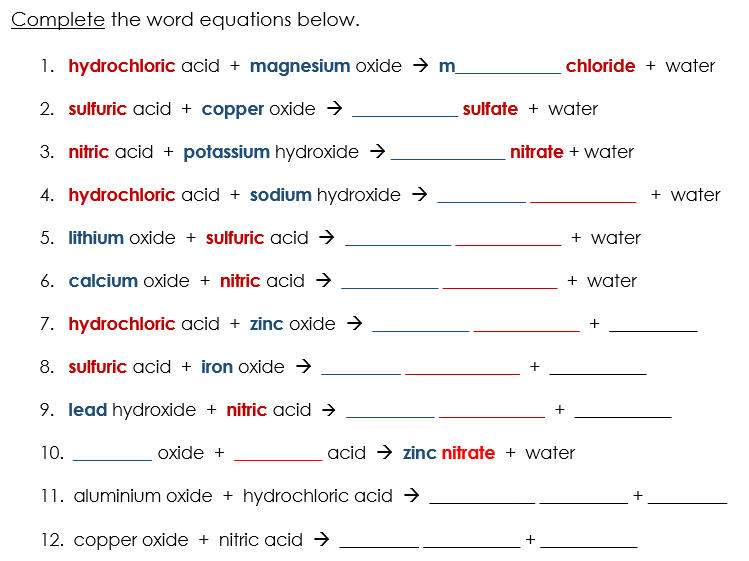Word Equations For Neutralisation Reactions Color coded Worksheet