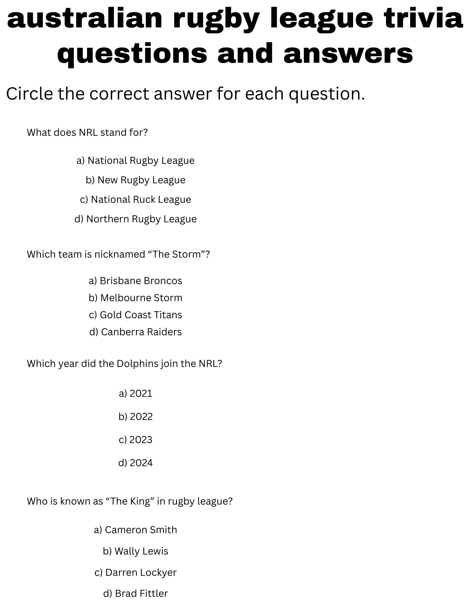 australian rugby league trivia questions and answers | Teaching Resources