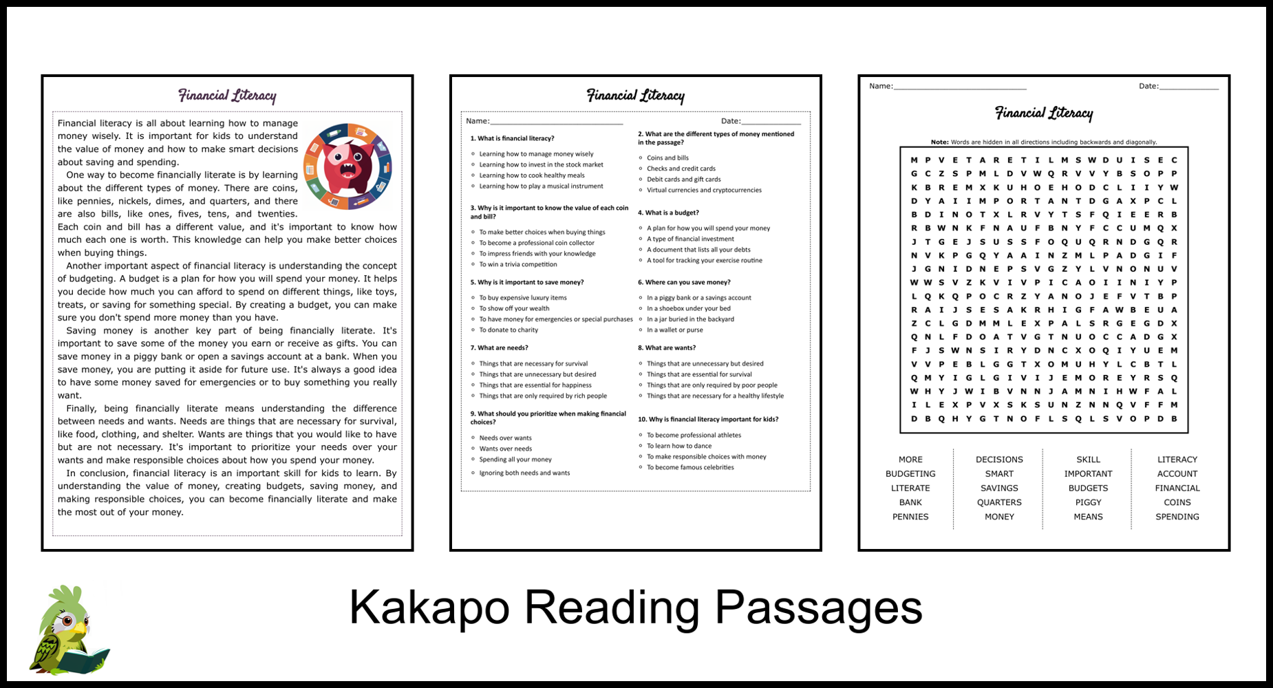 Financial Literacy Reading Comprehension and Word Search | Teaching ...