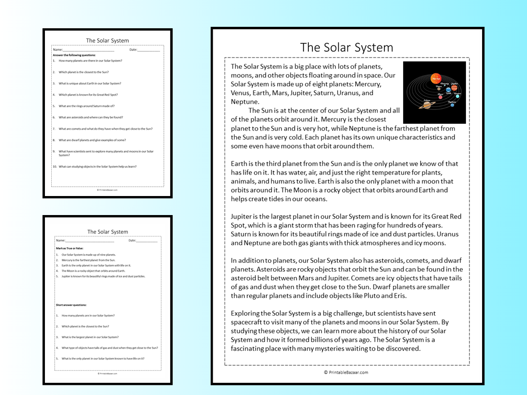 The Solar System Reading Comprehension Passage Printable Worksheet ...