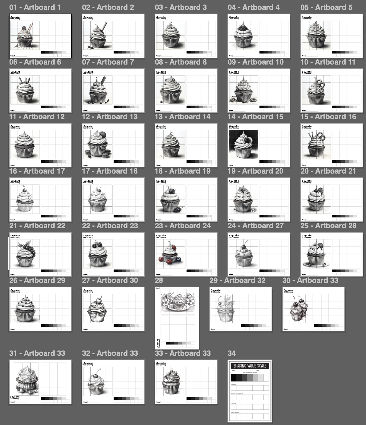 Cupcake Grid Drawing & Shading Practice Pack | Art Worksheets ...