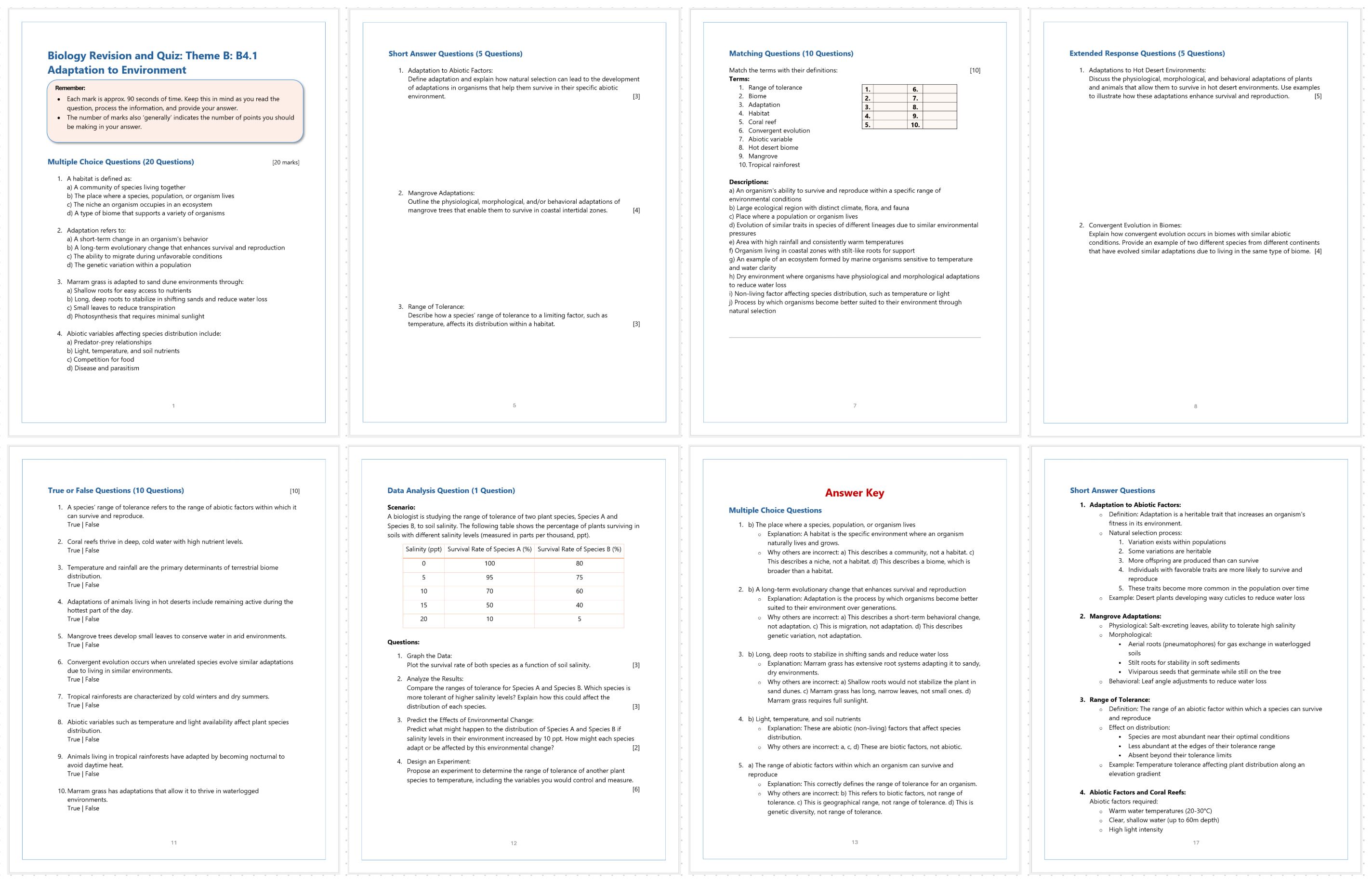 IB DP Biology B4.1 Adaptation to Environment Quiz and Revision ...