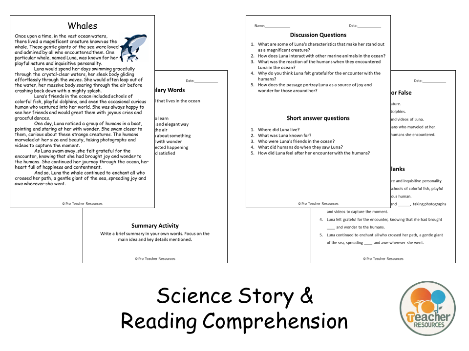 Whales Reading Science Story Comprehension Questions Worksheet ...