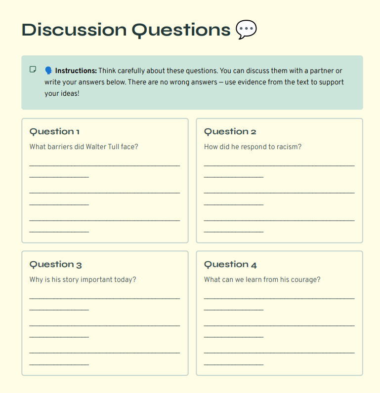 Walter Tull Reading Comprehension & Activities Pack (Year 5–6) | Black ...