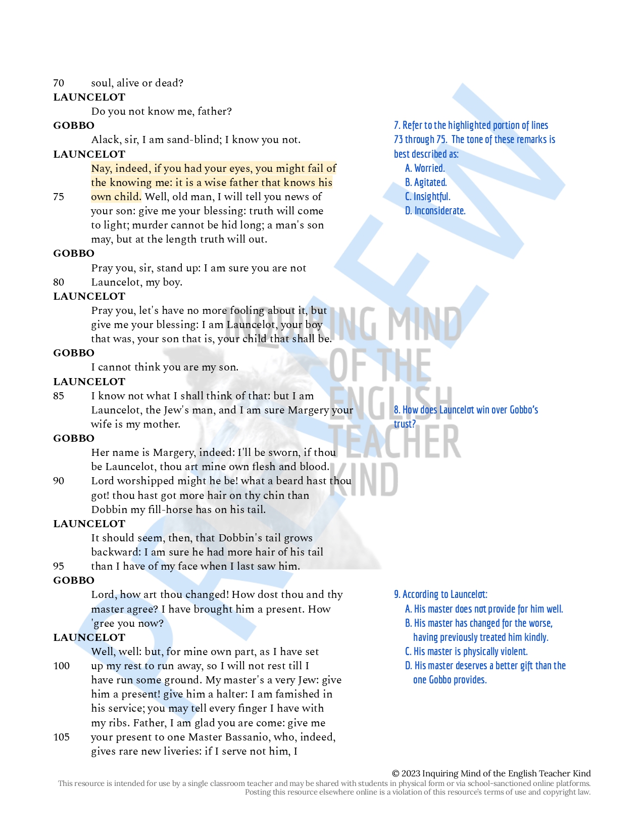 The Merchant of Venice Act 2 Scene 2 Close Reading Analysis Activity ...