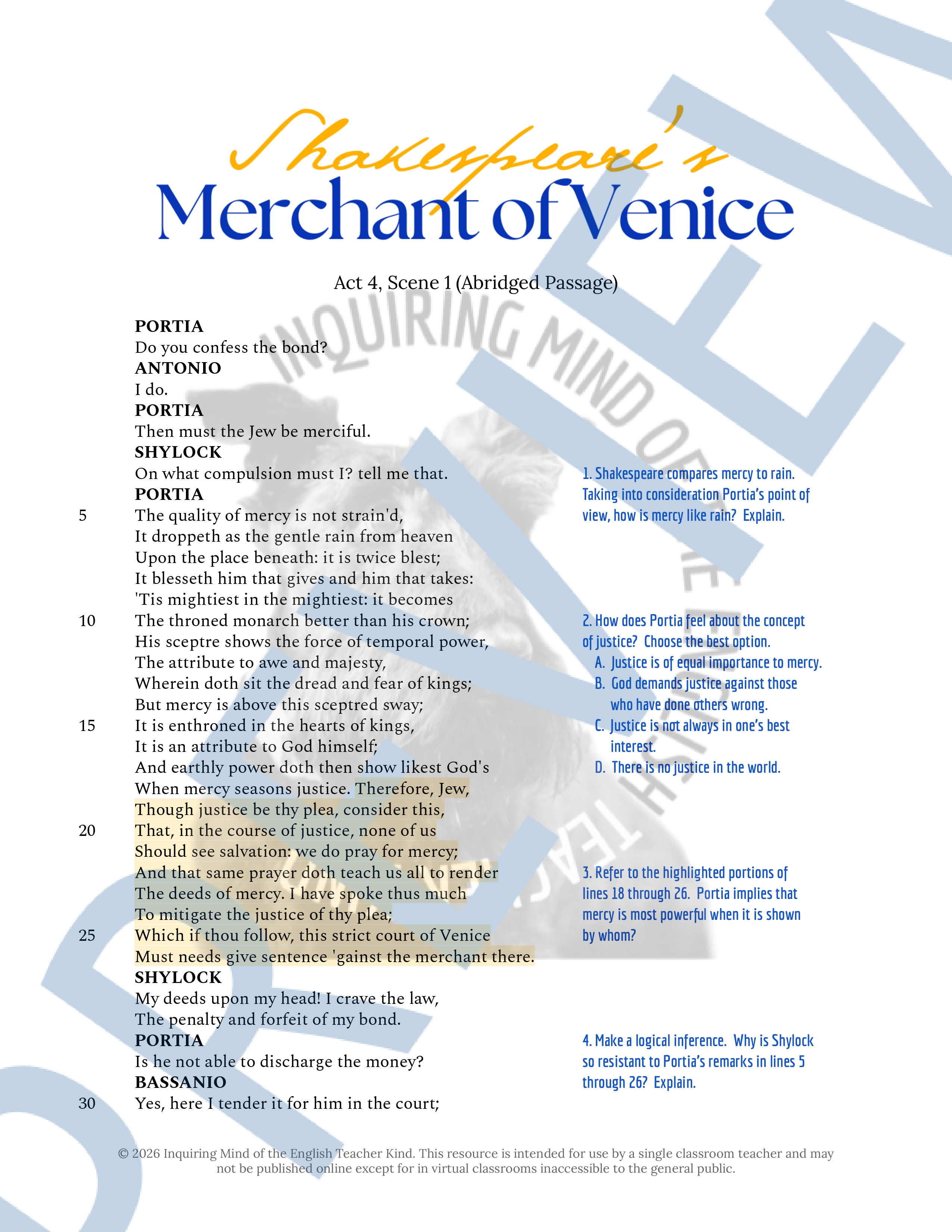 The Merchant of Venice Act 4 Scene 1 Close Reading Analysis Worksheet ...