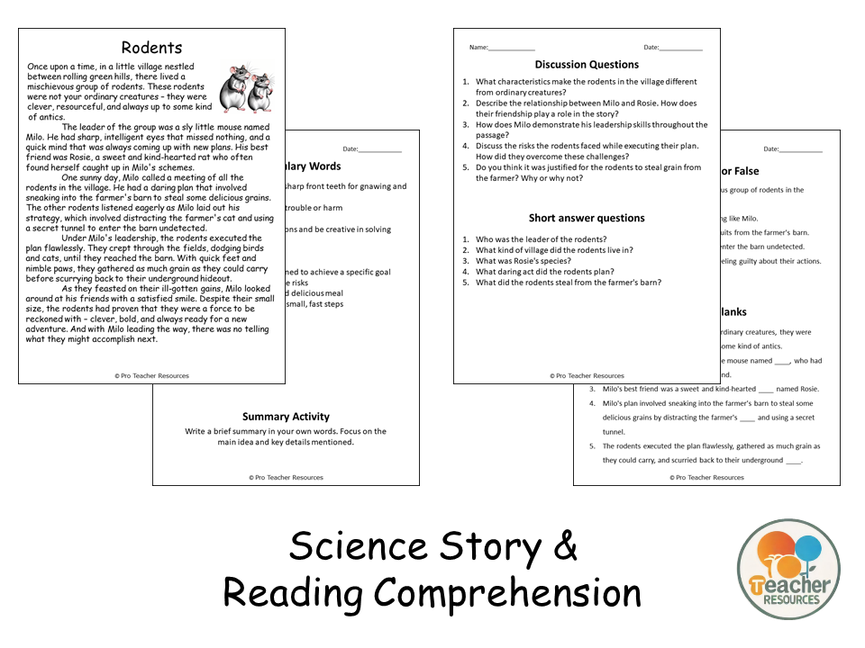Rodents Reading Science Story Comprehension Questions Worksheet ...