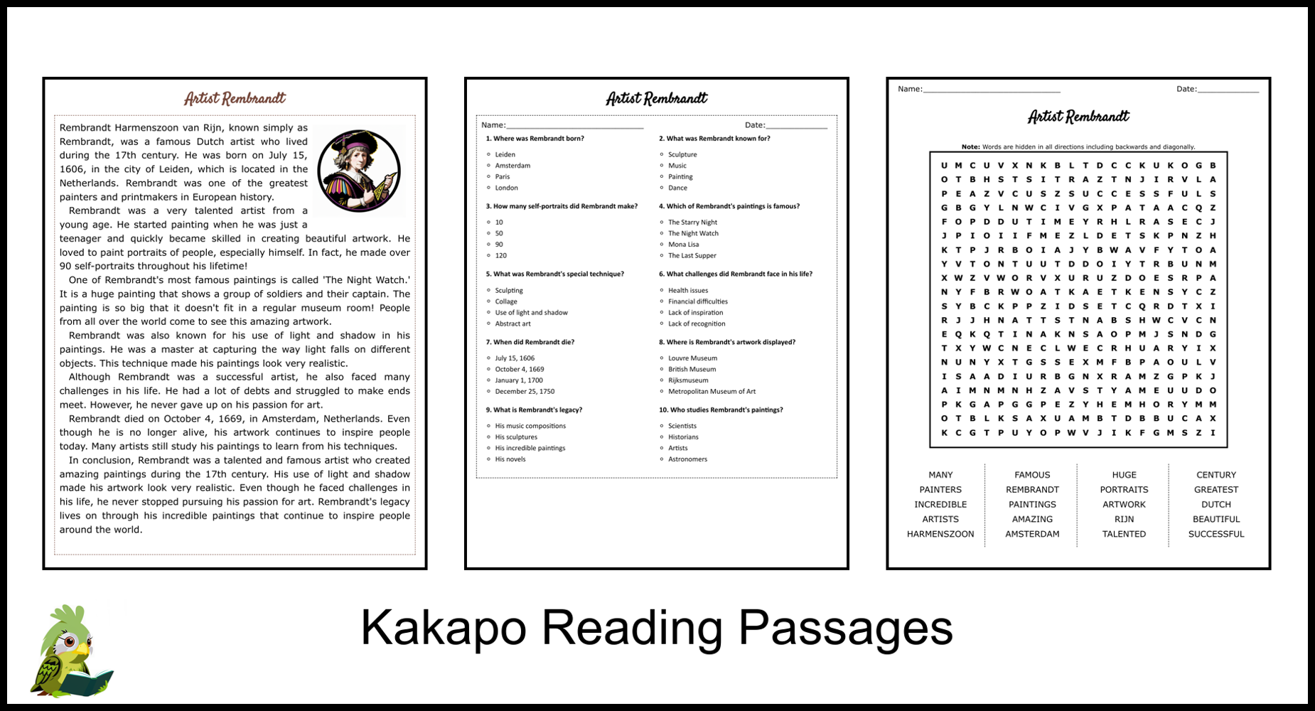 Artist Rembrandt Reading Comprehension and Word Search | Teaching Resources