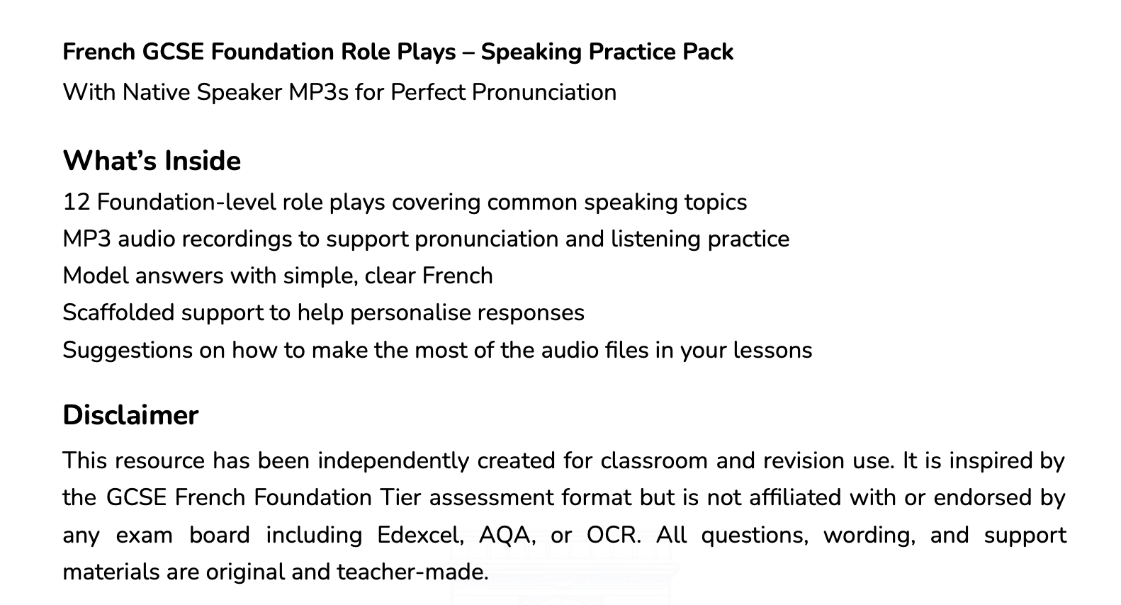 2026 AQA GCSE French Speaking Foundation Tier Role Play | Teaching ...