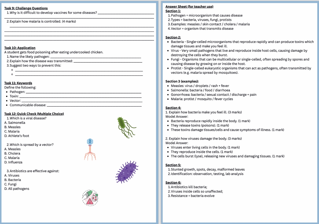 B5/Communicable Disease Worksheet/Revision/Topic/With Answers/GCSE/AQA ...