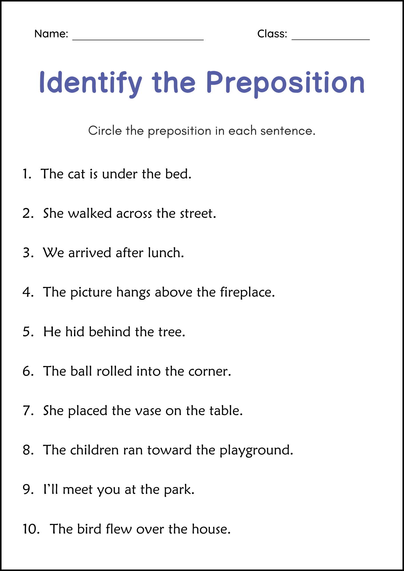 Prepositions and Prepositional Phrases Worksheets - Grammar Practice ...