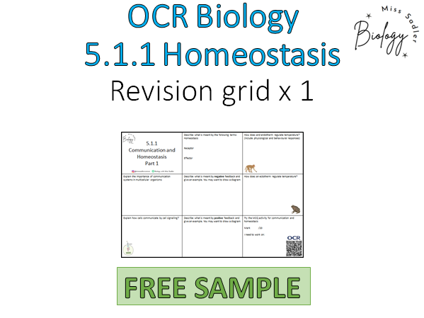 5.1.1 Homeostasis revision grid OCR A level Biology | Teaching Resources