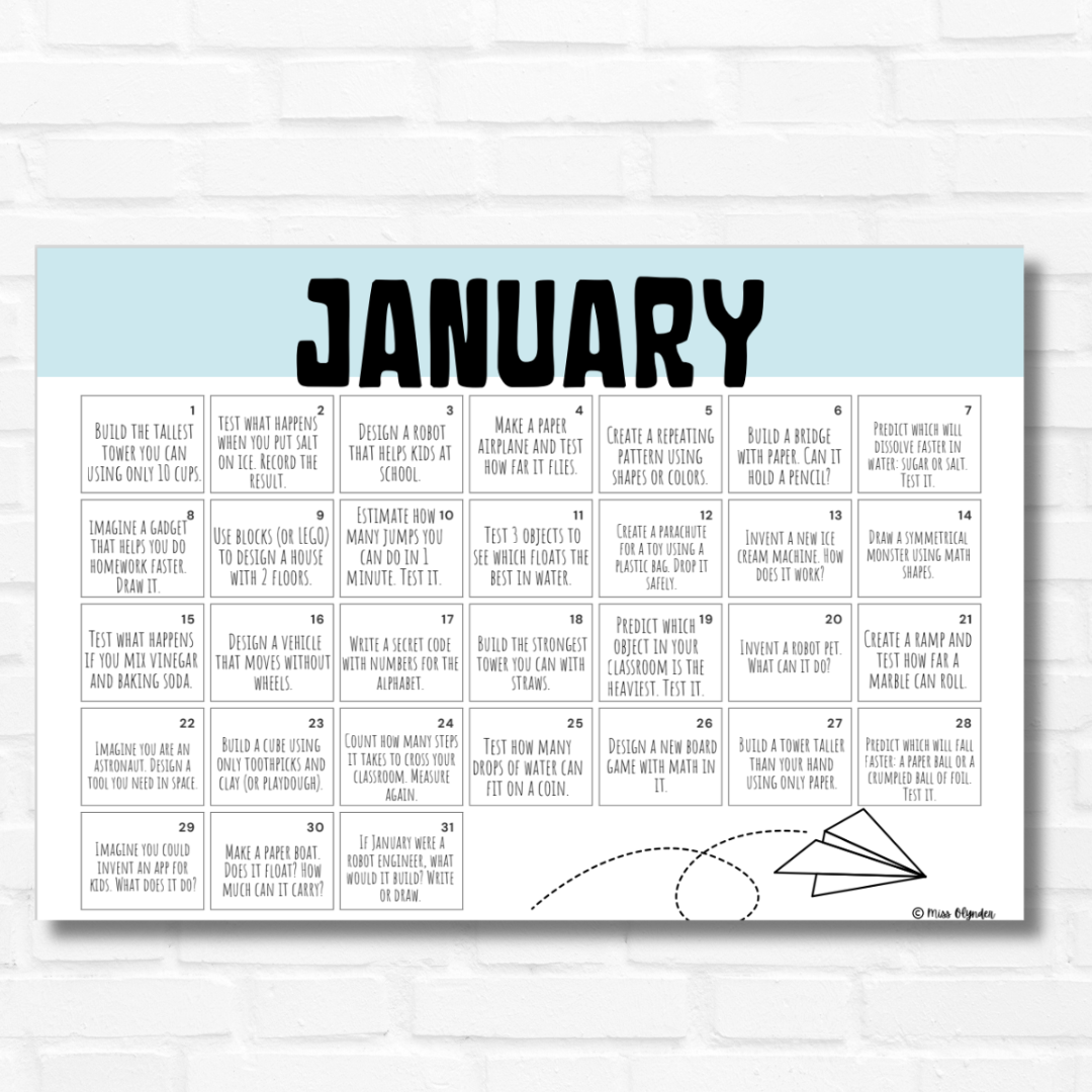STEM Challenge Calendar – January | Daily STEM Activities for Primary ...