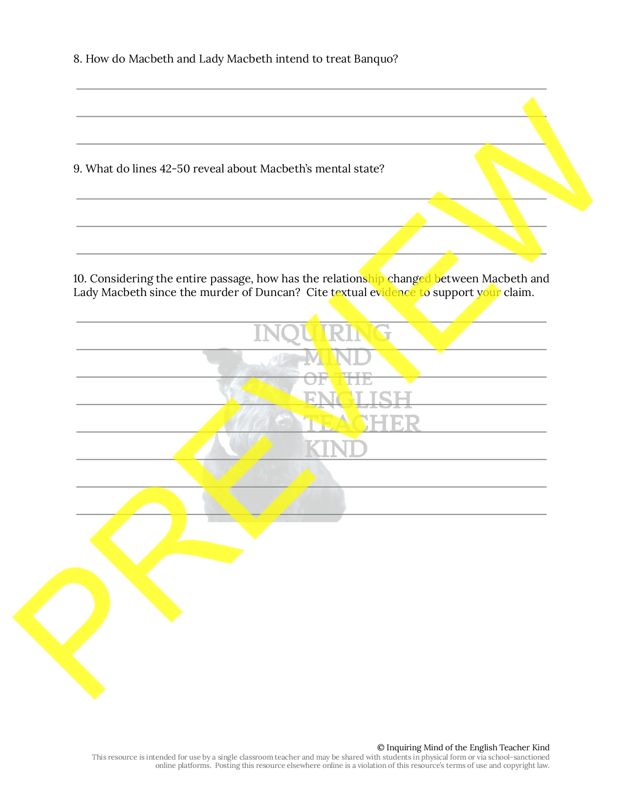 Macbeth Act 3 Scene 2 Close Reading Worksheet | Teaching Resources