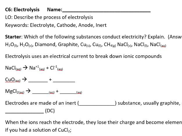 Electrolysis of Sodium Chloride PowerPoint and Handout | Teaching Resources