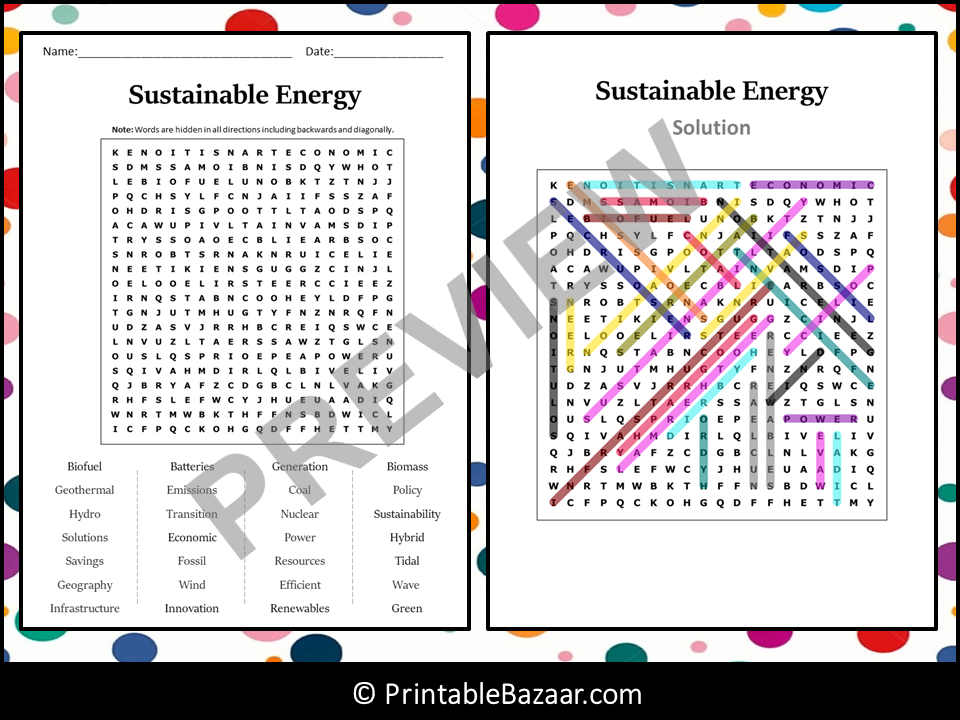 Sustainable Energy Word Search Puzzle Worksheet Activity | Teaching ...