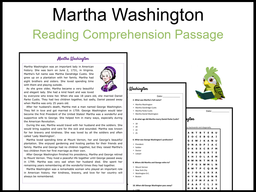 Martha Washington Reading Comprehension and Word Search | Teaching ...