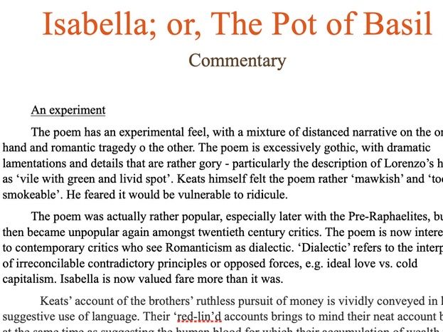 John Keats - Isabella or The Pot of Basil | Teaching Resources