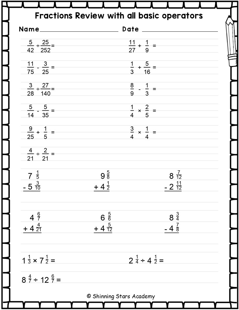 Fractions Review with All Basic Operators (Basic Operations) Worksheets ...
