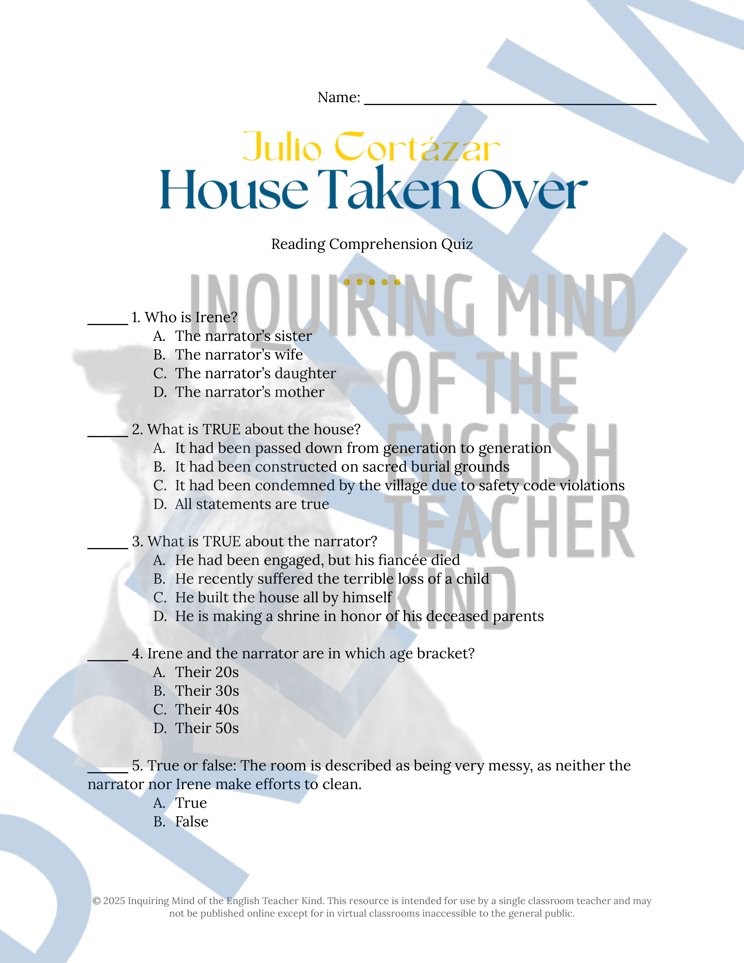 "House Taken Over" by Julio Cortázar Quiz and Answer Key | Magical ...