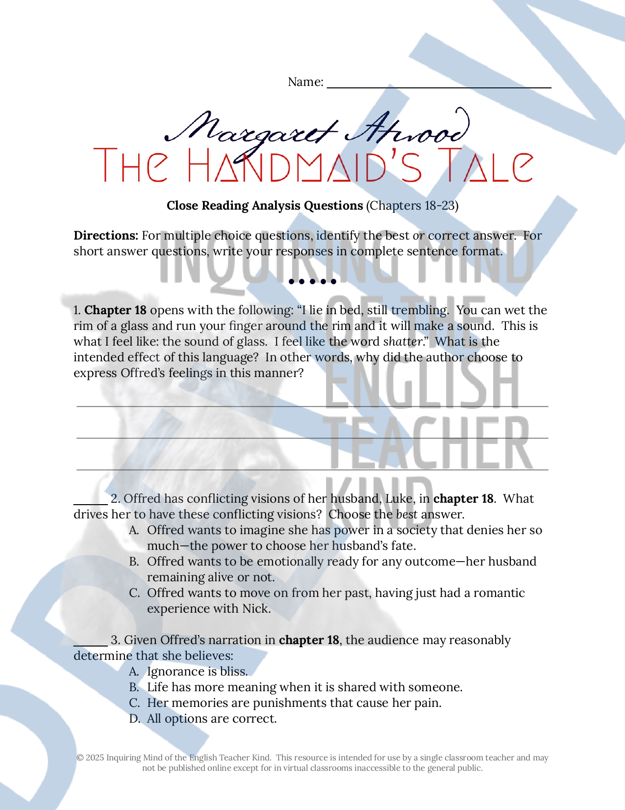 The Handmaid's Tale Chapters 18-23 Close Reading Worksheet | Teaching Resources
