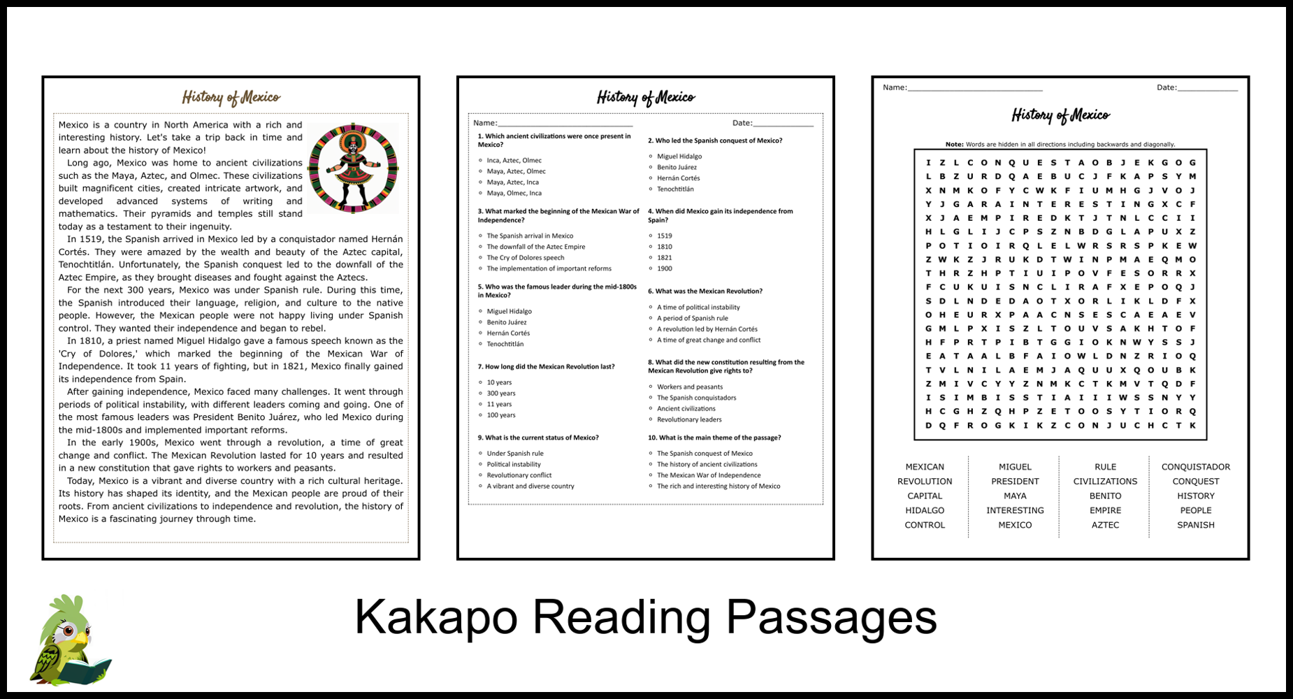 History of Mexico Reading Comprehension and Word Search | Teaching ...
