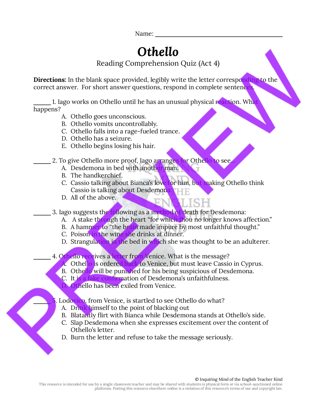 Othello Act 4 Quiz and Answer Key | Teaching Resources