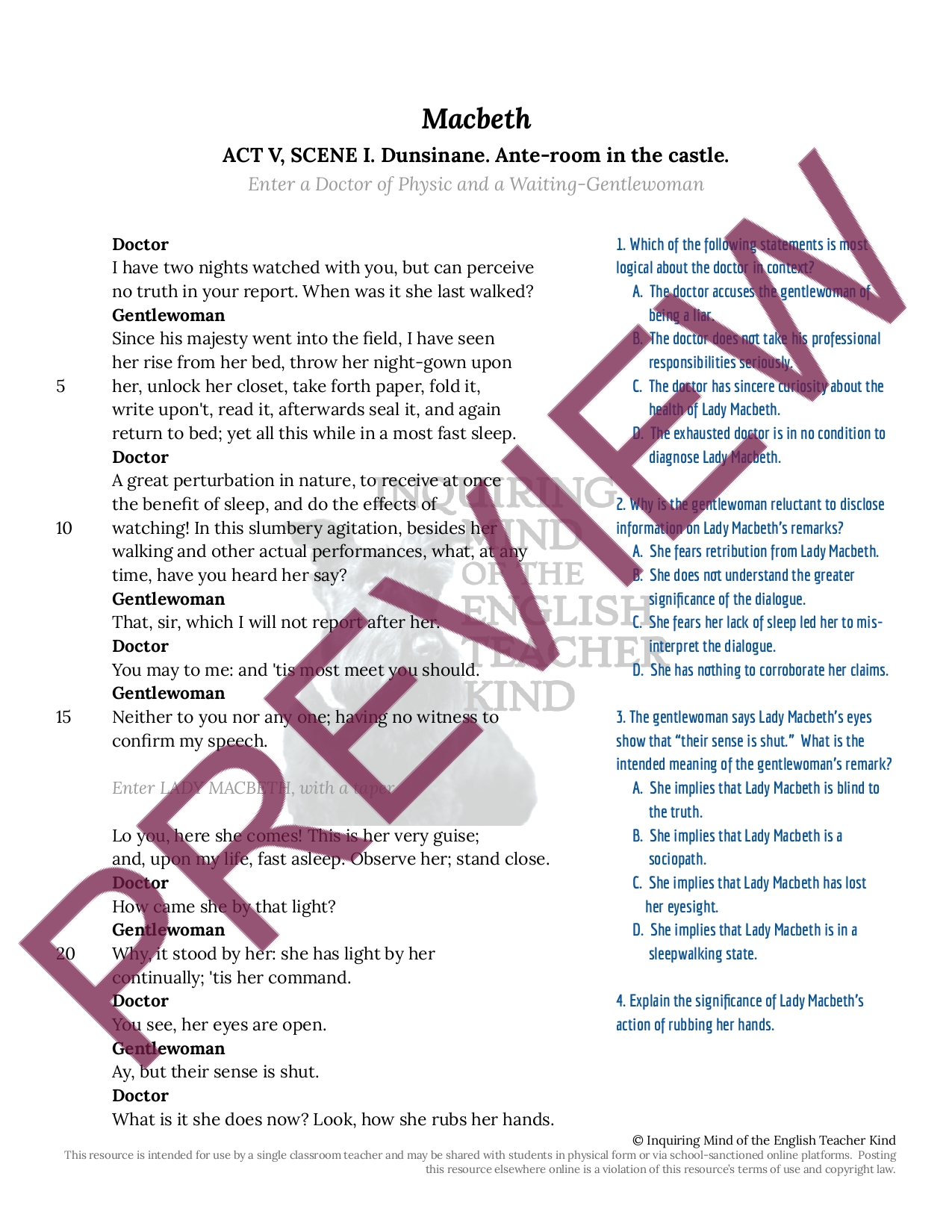 Macbeth Act 5 Scene 1 Close Reading Worksheet | Teaching Resources